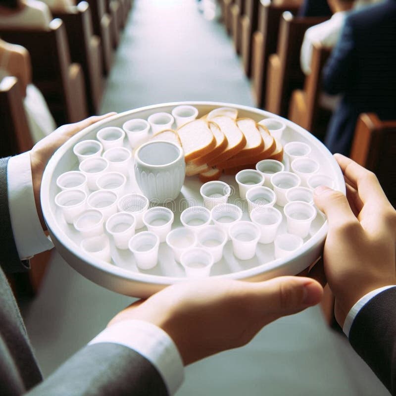 Two Hand Carrying the Holy Communion Tray with Cups and a Plate for the ...