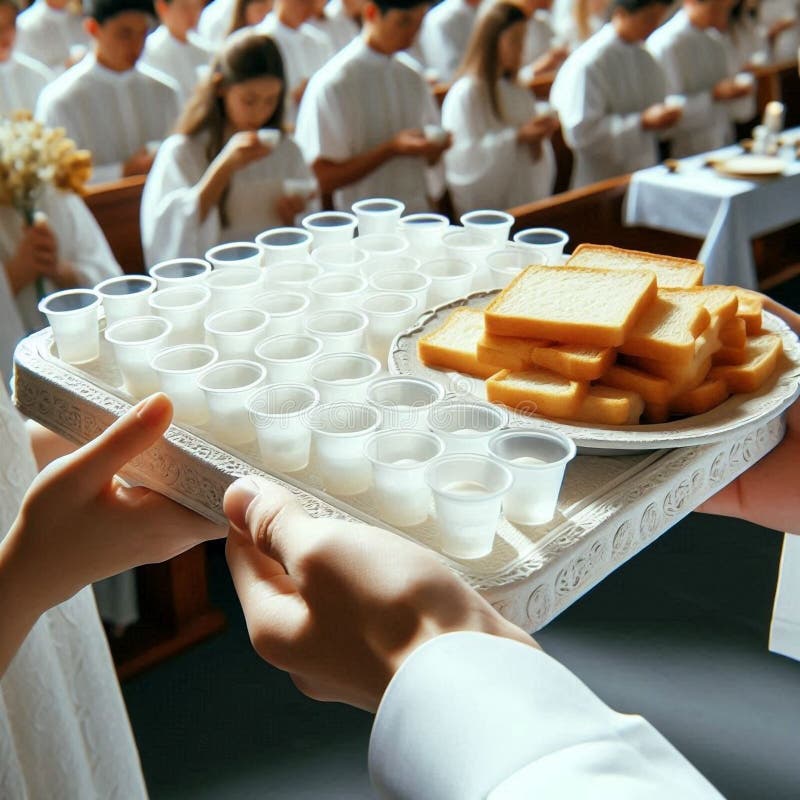 Two Hand Carrying the Holy Communion Tray with Cups and a Plate for the ...