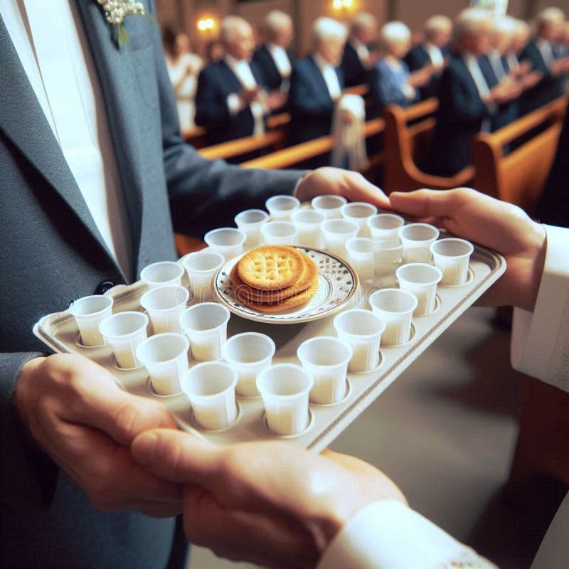 Two Hand Carrying the Holy Communion Tray with Cups and a Plate for the Bread. Stock ...