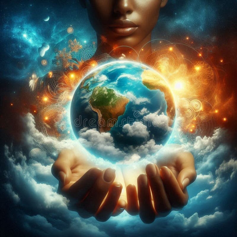 Image within Two Hands Lies a Miniature Surreal Planet Earth Surrounded ...