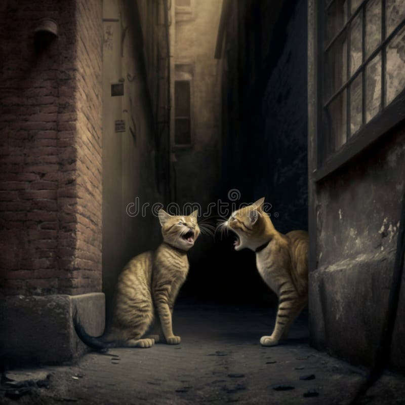 Two Stray Cat Quarreling at the Dark Alley Street. Stock Illustration ...