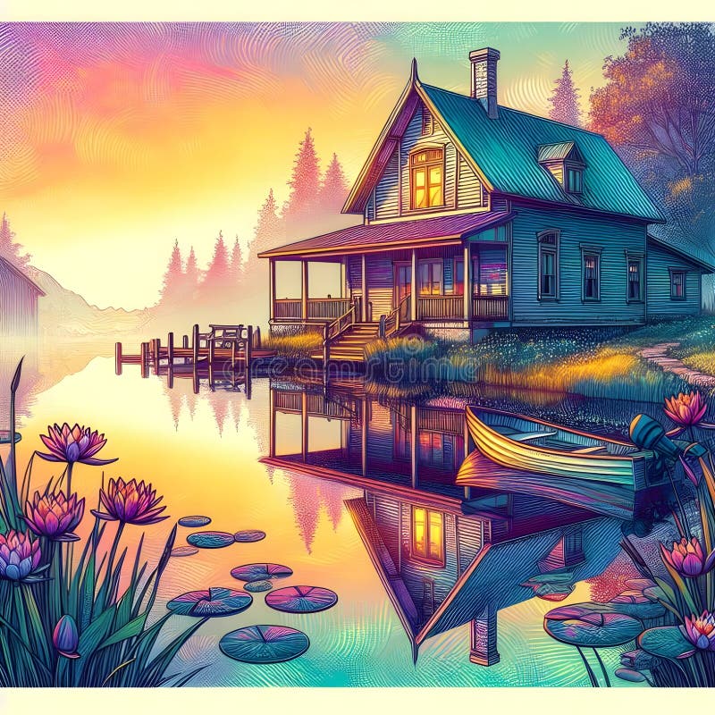 An Ultra Vibrant Realistic 3d Render of a Lakehouse with a Reflective ...