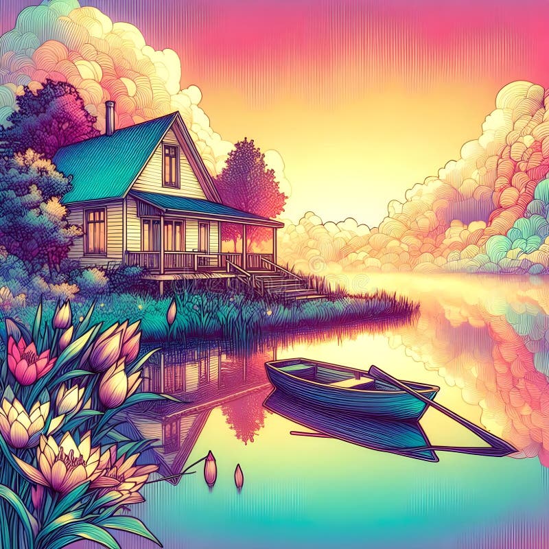 An Ultra Vibrant Realistic 3d Render of a Lakehouse with a Reflective ...