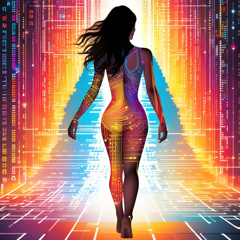 Image of a Vibrant Cascade of Colorful Binary Matrix Code, Forming the Silhouette of a ...