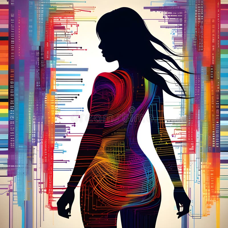 Image of a Vibrant Cascade of Colorful Binary Matrix Code, Forming the Silhouette of a ...