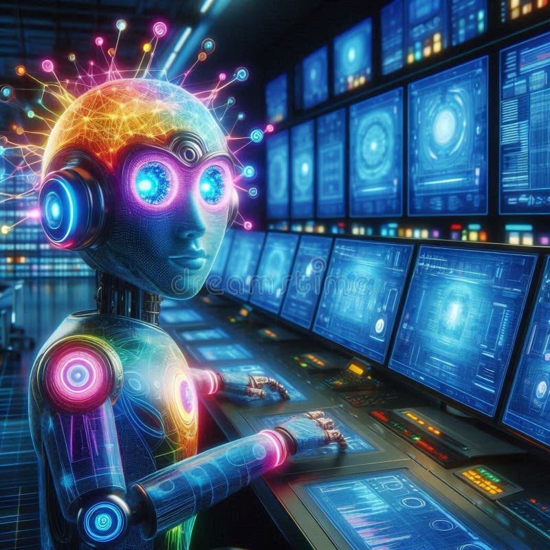 A Vibrant Whimsical Futuristic AI Robot is Monitoring Multiple Sceens ...