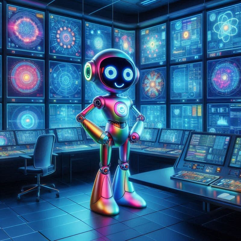 A Vibrant Whimsical Futuristic AI Robot is Monitoring Multiple Sceens ...
