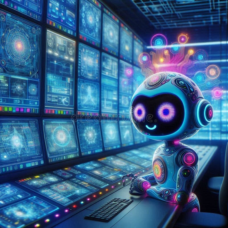 A Vibrant Whimsical Futuristic AI Robot is Monitoring Multiple Sceens ...