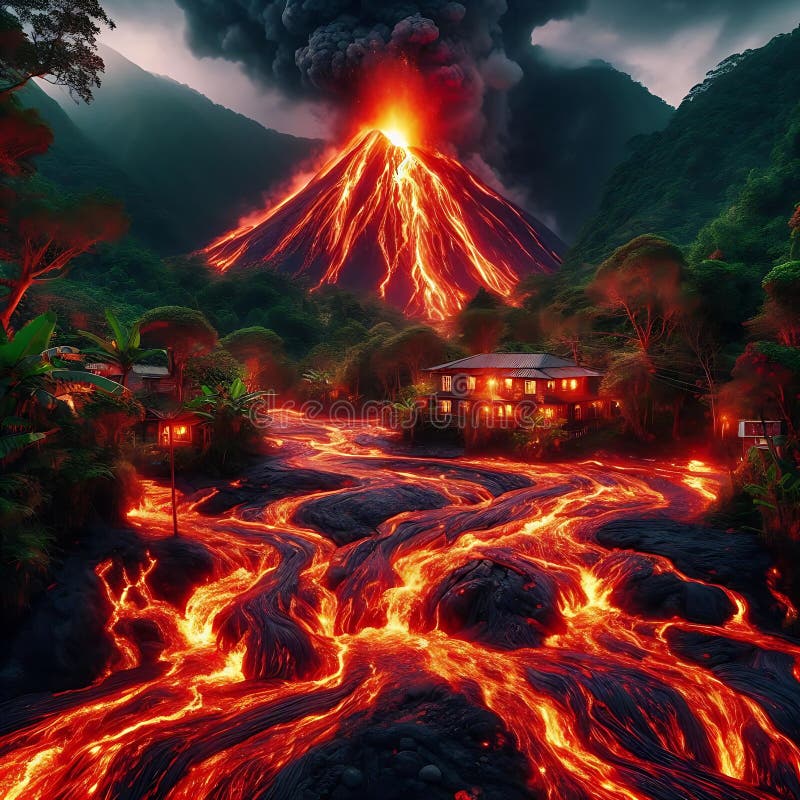 A Volcano Erupts from Melting Streams of Lava Clearing it Way through ...