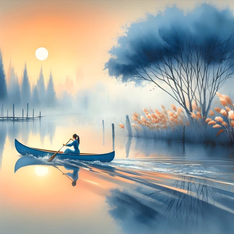 Watercolor of a Sleek Blue Canoe with an Ethereal Young Person Paddling ...