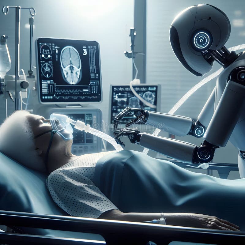 Image of a Well Equipped Advanced Android Robot Try To Treat the Person ...