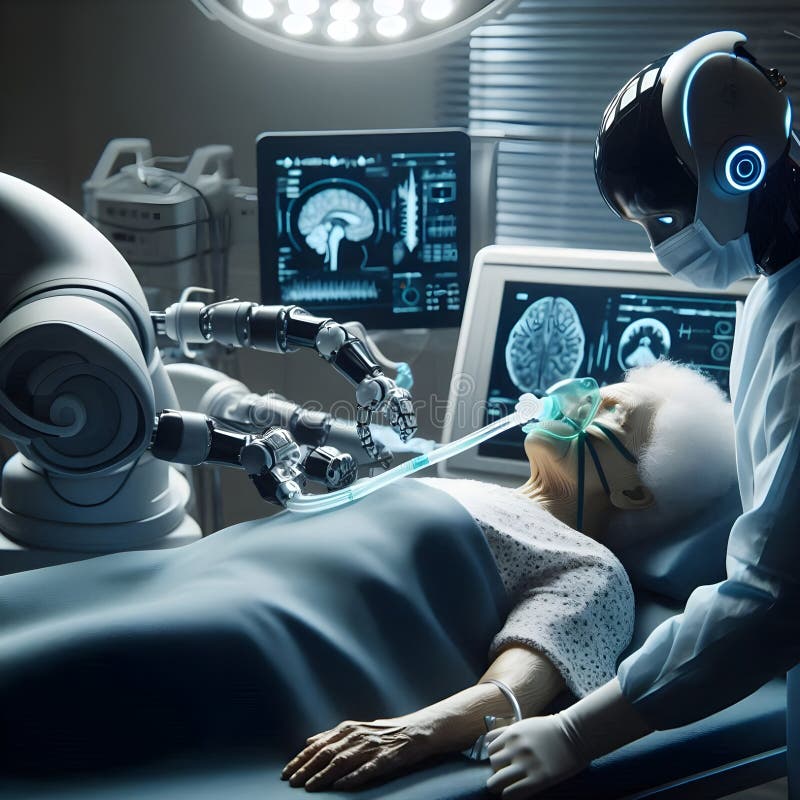 Image of a Well Equipped Advanced Android Robot Try To Treat the Person ...