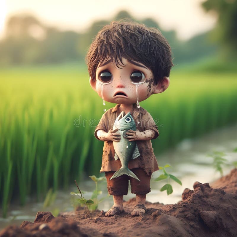 A Whimsical Caricature Crying Child with Dirty Clothes Stood at the ...