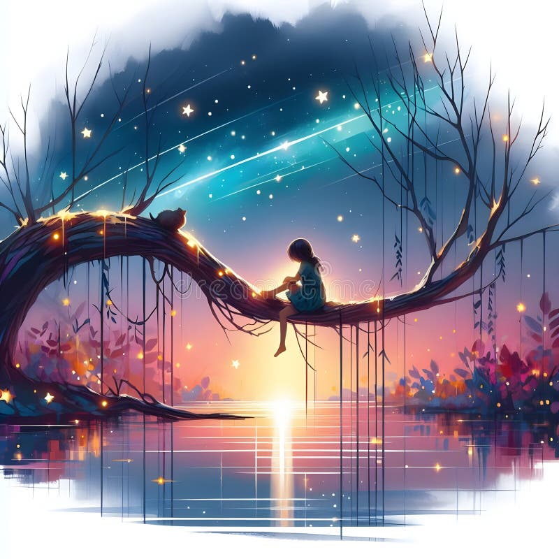 Image of a Whimsical Minimalist of Little Kid Sitting on Tree Branch ...