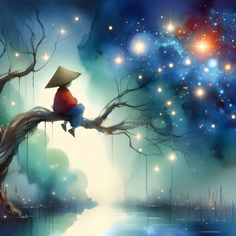 Image of a Whimsical Minimalist of Little Kid Sitting on Tree Branch ...