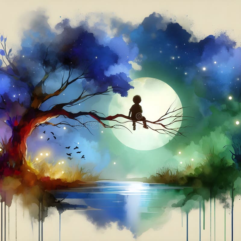 Image of a Whimsical Minimalist of Little Kid Sitting on Tree Branch ...