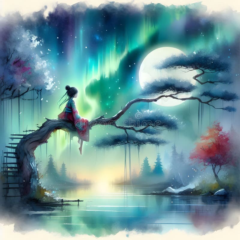 Image of a Whimsical Minimalist of Little Kid Sitting on Tree Branch ...