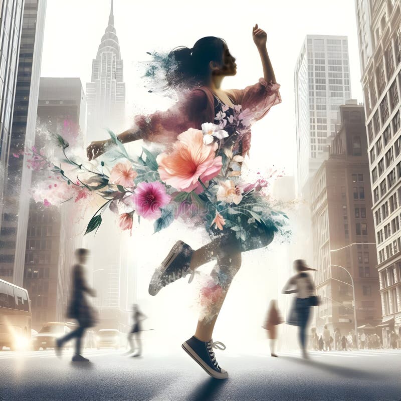 Image of a Woman Dancing on a Solid City Street Background with a ...