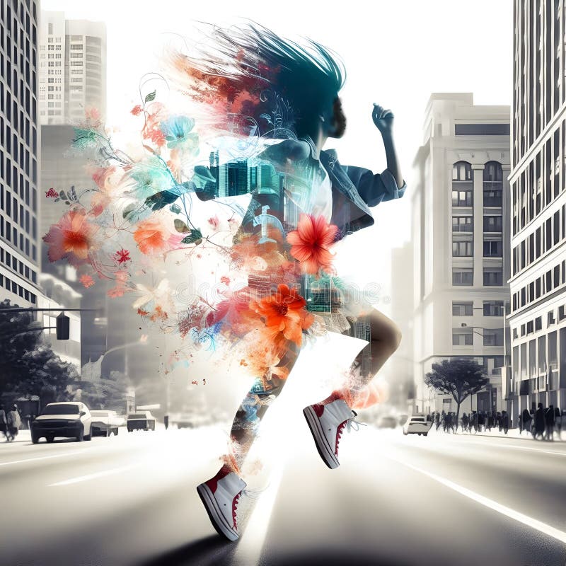 Image of a Woman Dancing on a Solid City Street Background with a ...