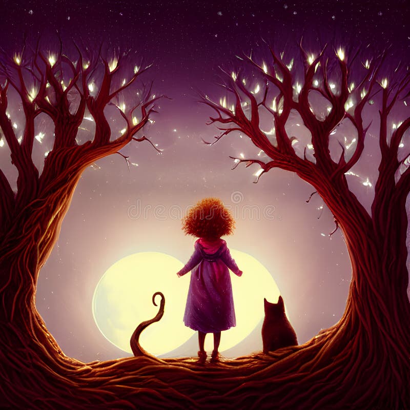 Image of a Young Girl and Her Beloved Cat Resting on Top of Gnarled ...