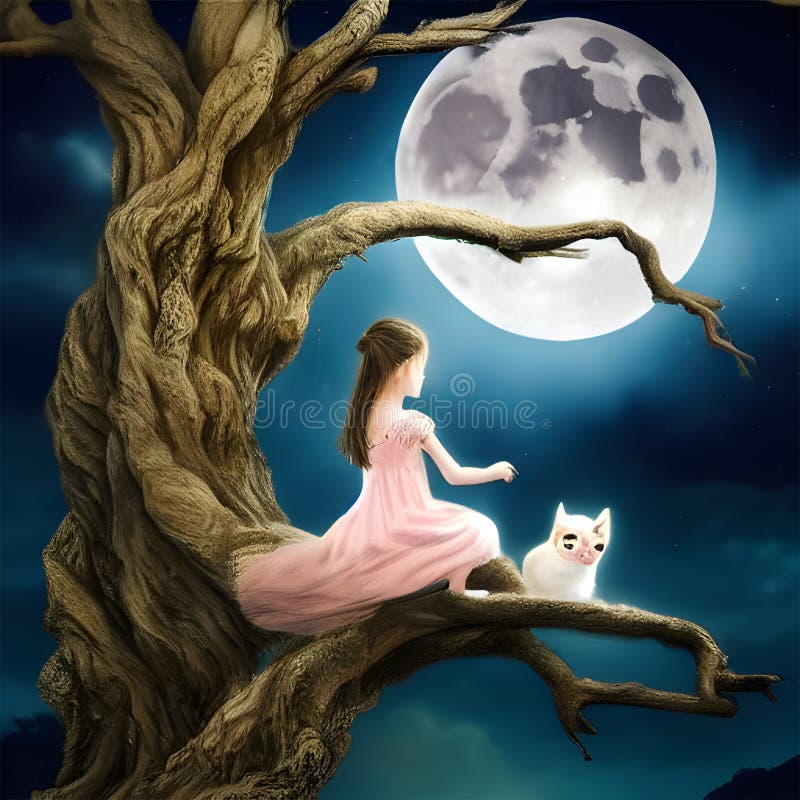 Image of a Young Girl and Her Beloved Cat Resting on Top of Gnarled ...