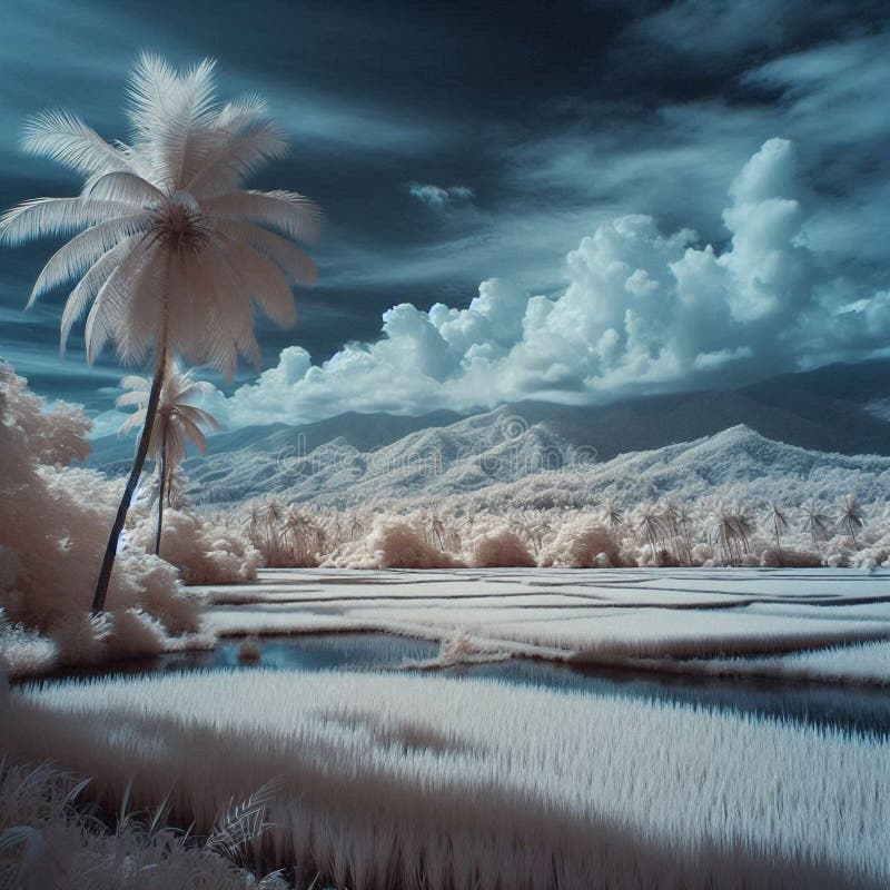 Infrared Monochrome Image of White Foliage Overlooking a Peaceful Paddy ...