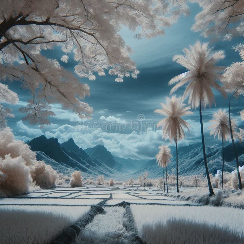 Infrared Monochrome Image of White Foliage Overlooking a Peaceful Paddy ...