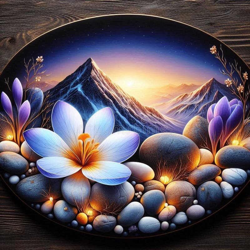 Luminography Pebbles Art Composition Mountain Image with Crocus Flower ...