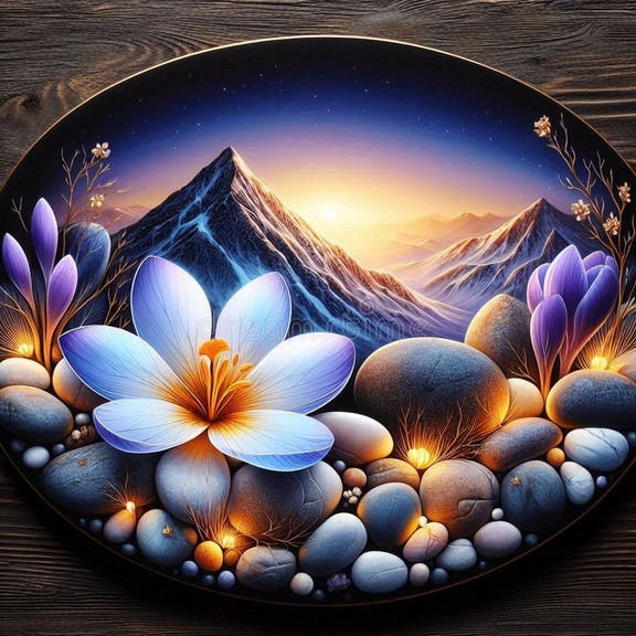 Luminography Pebbles Art Composition Mountain Image with Crocus Flower ...