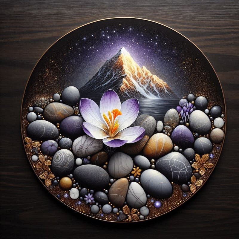 Luminography Pebbles Art Composition Mountain Image with Crocus Flower ...