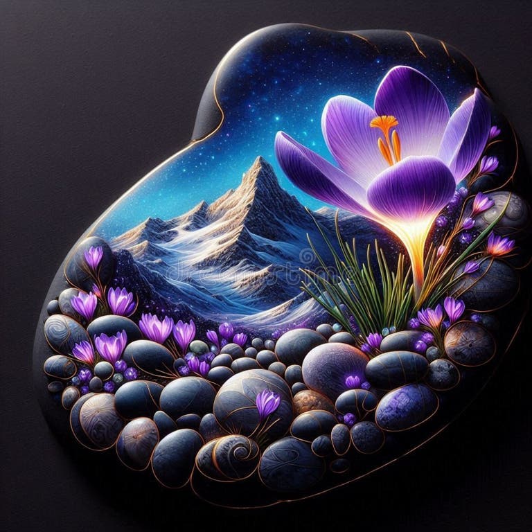 Luminography Pebbles Art Composition Mountain Image with Crocus Flower ...