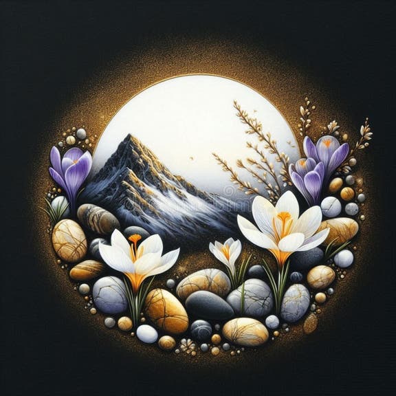 Luminography Pebbles Art Composition Mountain Image with Crocus Flower ...