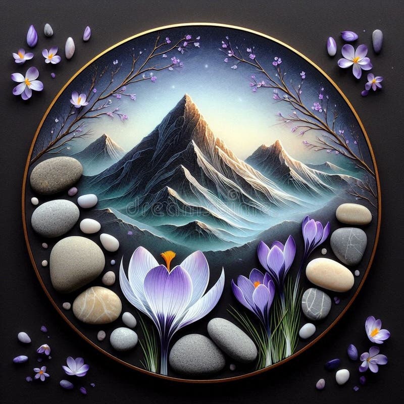 Luminography Pebbles Art Composition Mountain Image with Crocus Flower ...