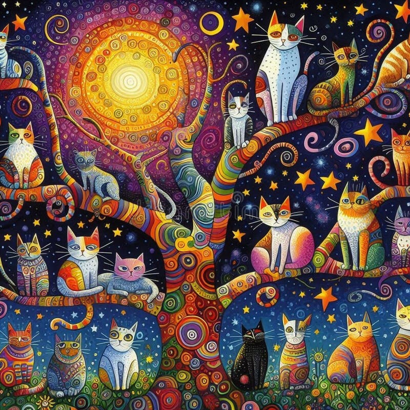 Naive Art Style Image of Cats in the Tree Under and Starry Night Sky ...
