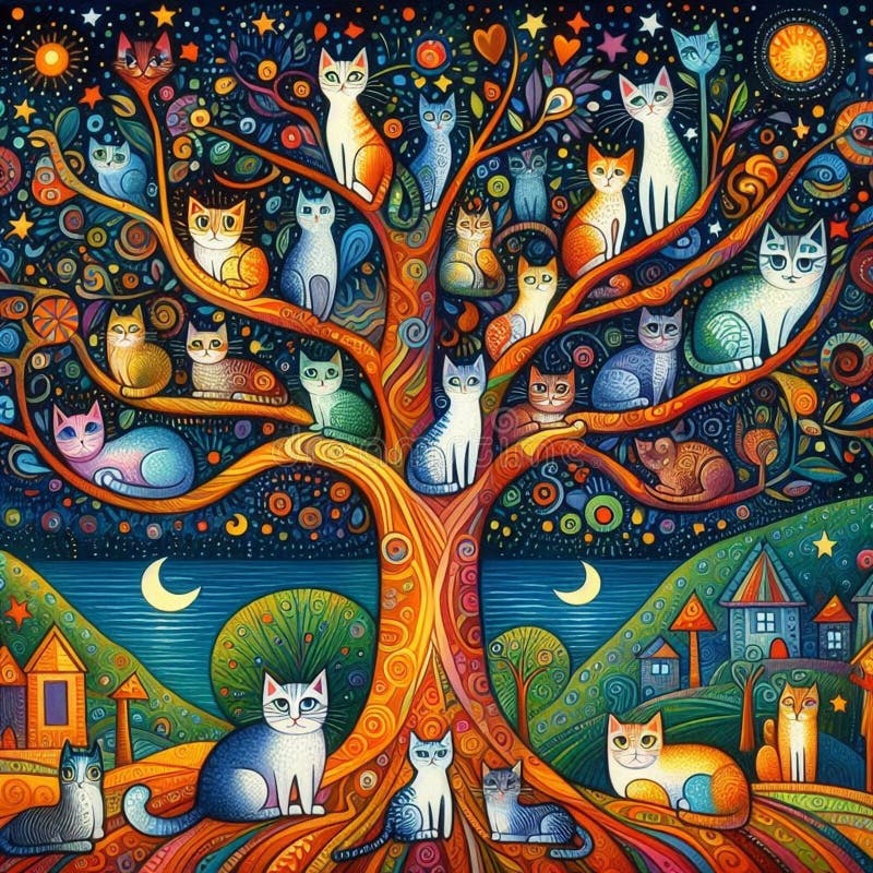 Naive Art Style Image of Cats in the Tree Under and Starry Night Sky ...
