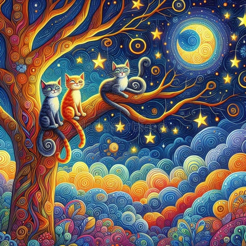 Naive Art Style Image of Cats in the Tree Under and Starry Night Sky ...