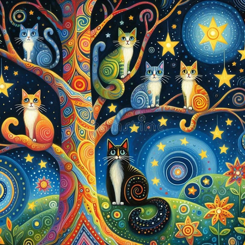Naive Art Style Image of Cats in the Tree Under and Starry Night Sky ...