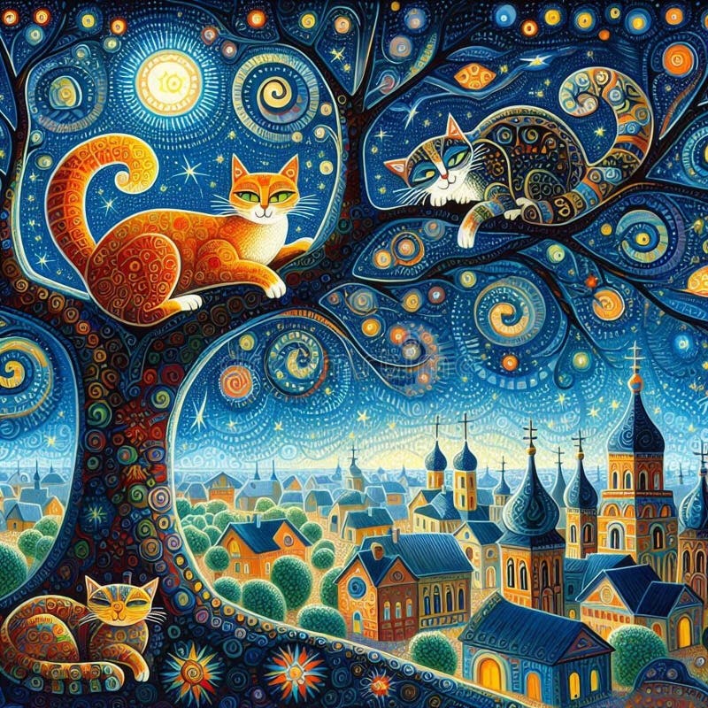 Naive Art Style Image of Cats in the Tree Under and Starry Night Sky ...