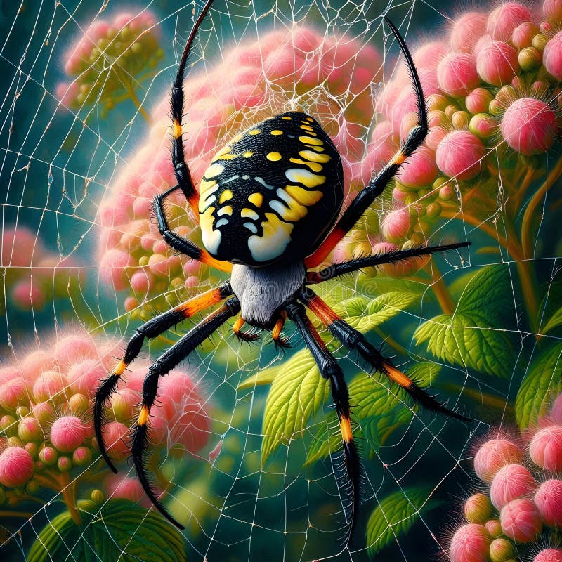 Oil Painting of a Black and Yellow Garden Spider is Positioned in Its Web among Clusters of Soft ...