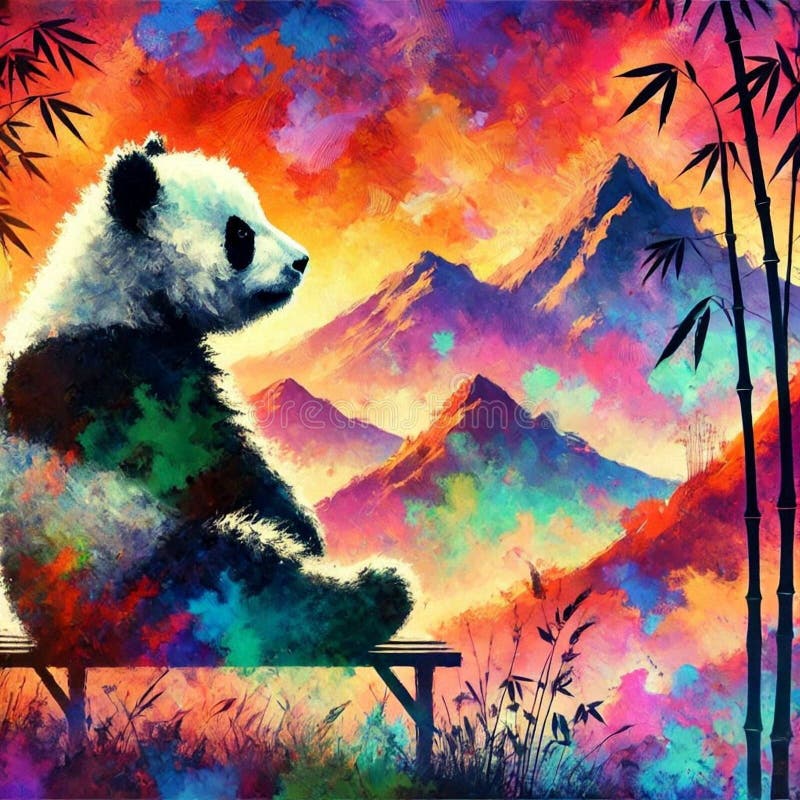 A Sitting Panda with Mountains and Bamboo Tree in Colorful Environment ...