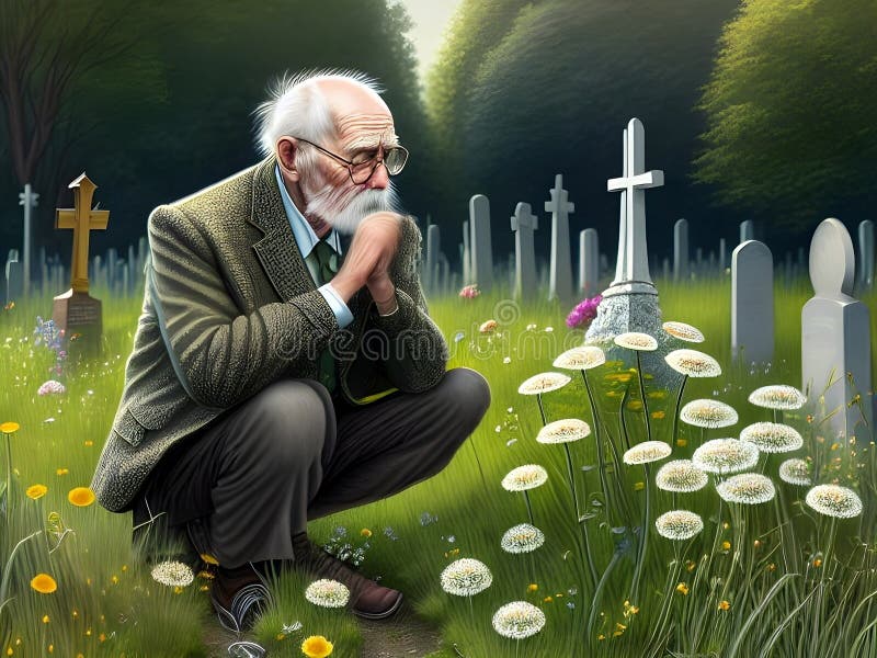 Image of Someone Kneeling by a Grave in an Overgrown Garden Mourning ...