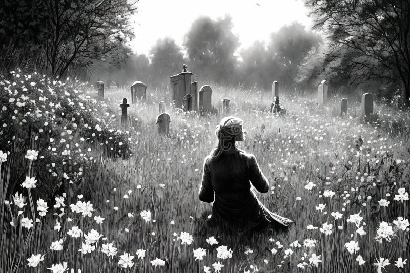 Image of Someone Kneeling by a Grave in an Overgrown Garden Mourning ...