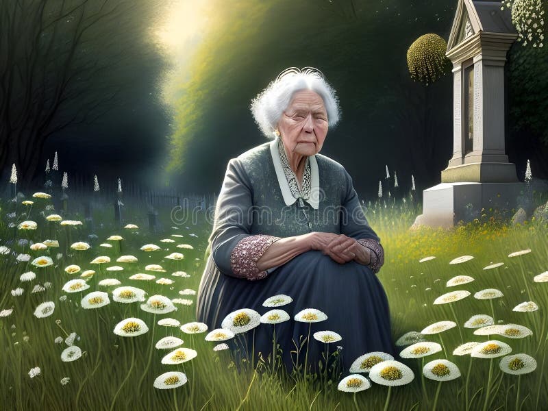 Image of Someone Kneeling by a Grave in an Overgrown Garden Mourning ...