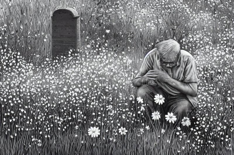 Image of Someone Kneeling by a Grave in an Overgrown Garden Mourning ...