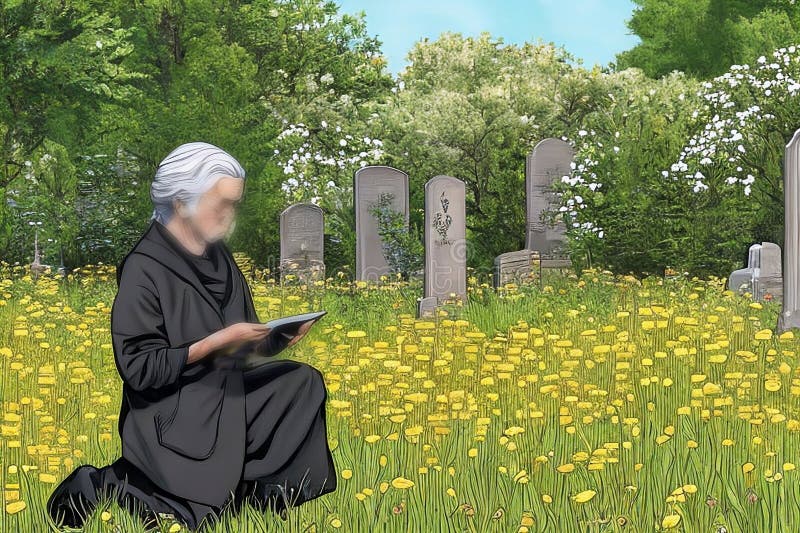 Image of Someone Kneeling by a Grave in an Overgrown Garden Mourning ...