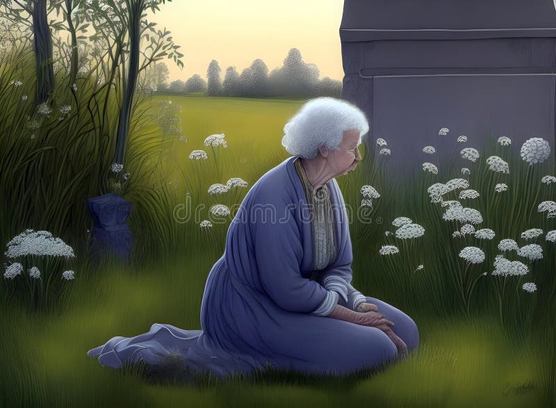 Image of Someone Kneeling by a Grave in an Overgrown Garden Mourning ...