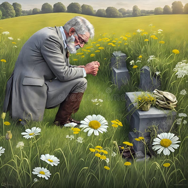 Image of Someone Kneeling by a Grave in an Overgrown Garden Mourning ...