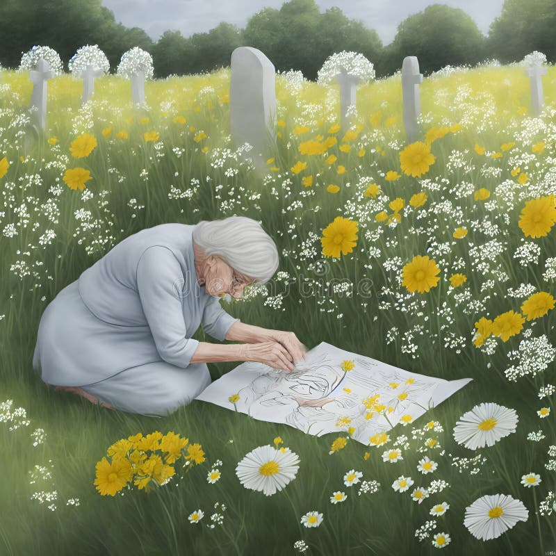 Image of Someone Kneeling by a Grave in an Overgrown Garden Mourning ...