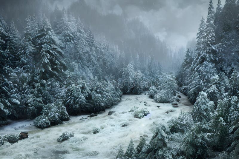 Image of the Beautiful Psychedelic Snowy Cliff Around the Forest ...