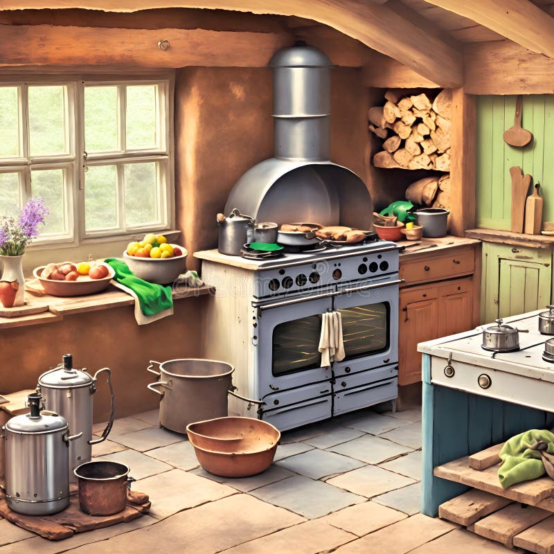 Painterly Image of a Dreamy Kitchen in a Cottage Showing an Old Oven or ...